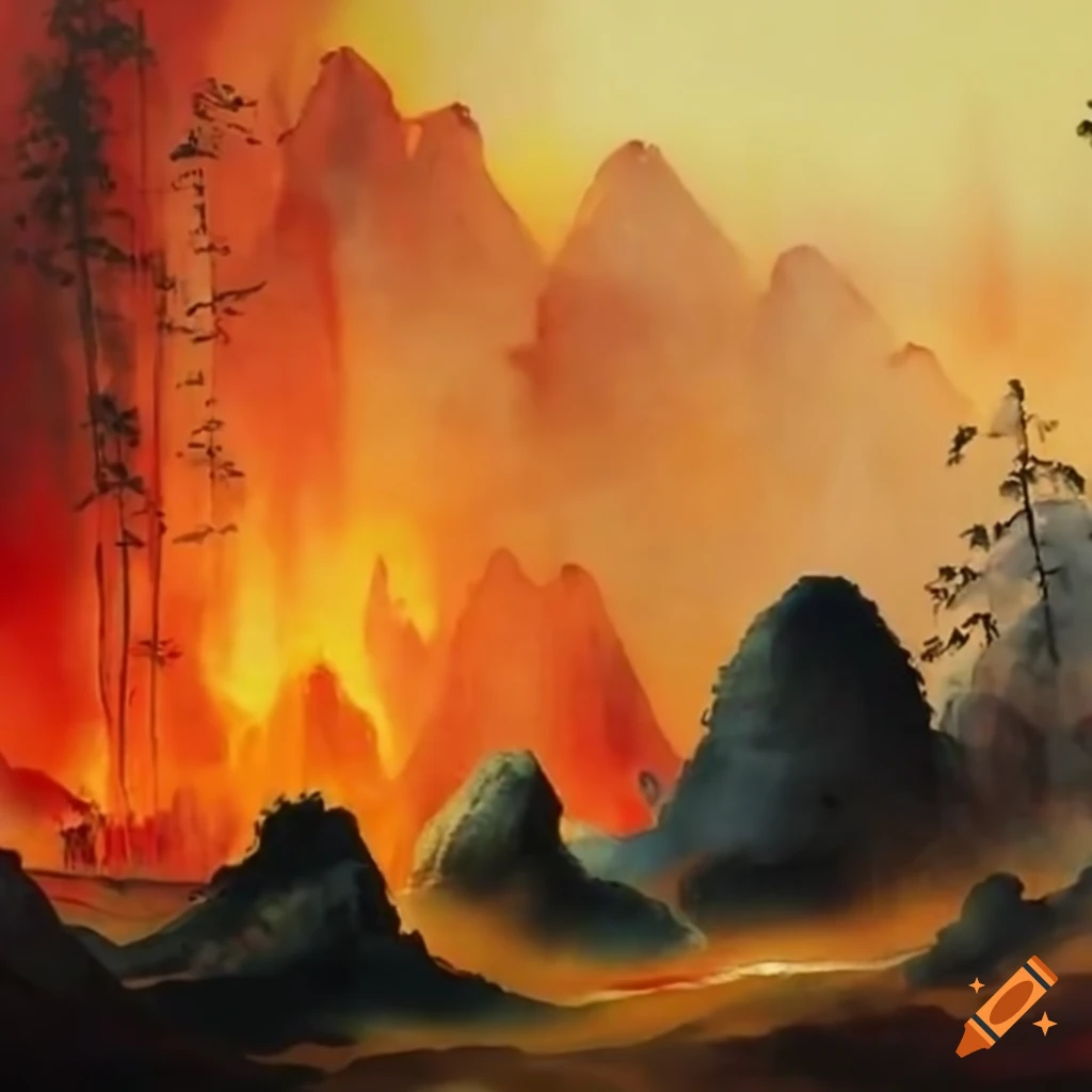 Chinese landscape painting with wildfire on Craiyon