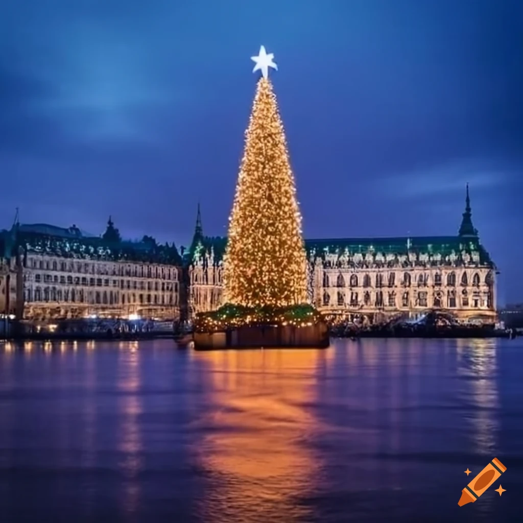 Giant Christmas tree in the Alster of Hamburg on Craiyon