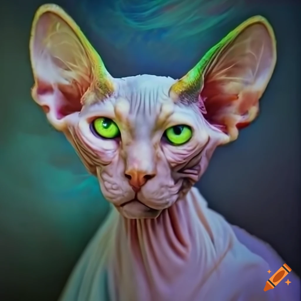 Intricately detailed portrait of a human-faced sphynx cat with green ...