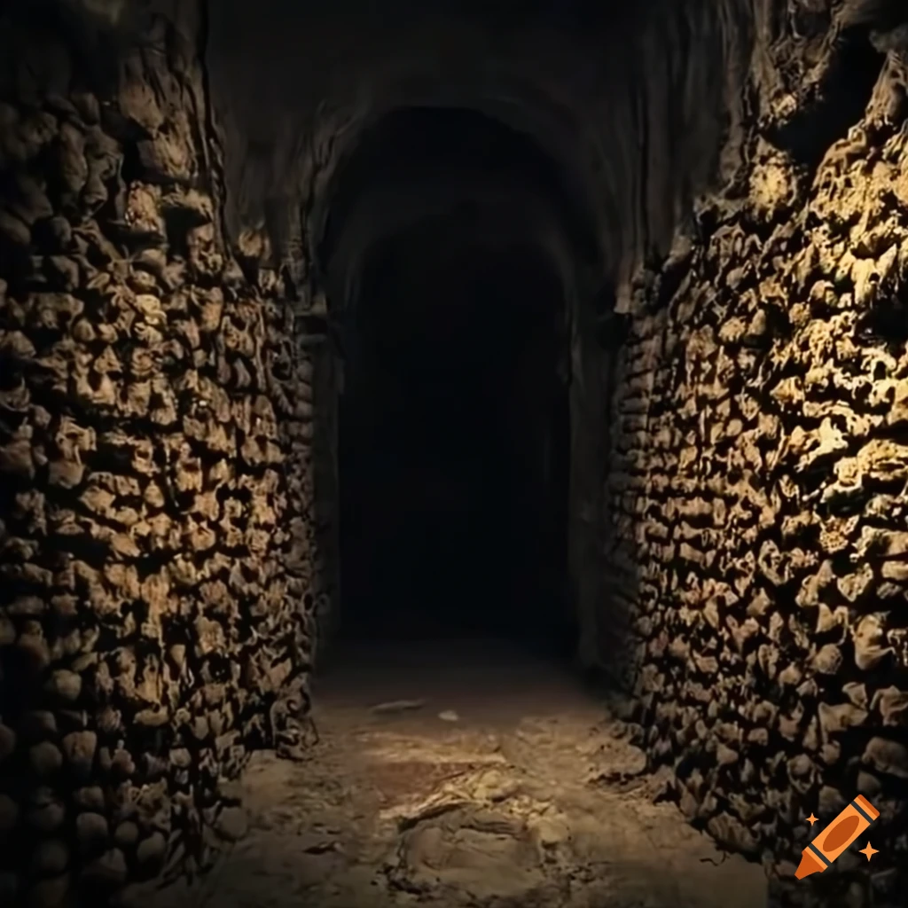Dark haunting catacombs corridor fading into darkness on Craiyon