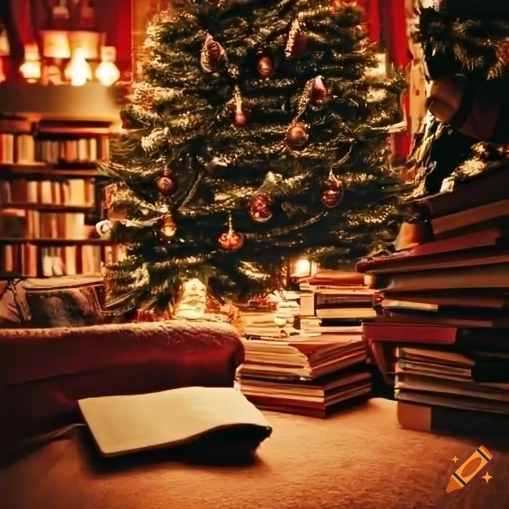 Cozy bookstore with christmas tree on Craiyon