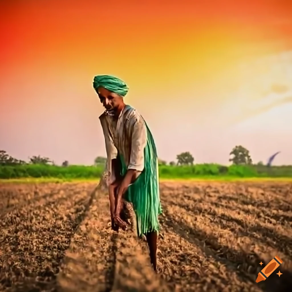Indian farmer working in the fields with indian flag colored sky on Craiyon