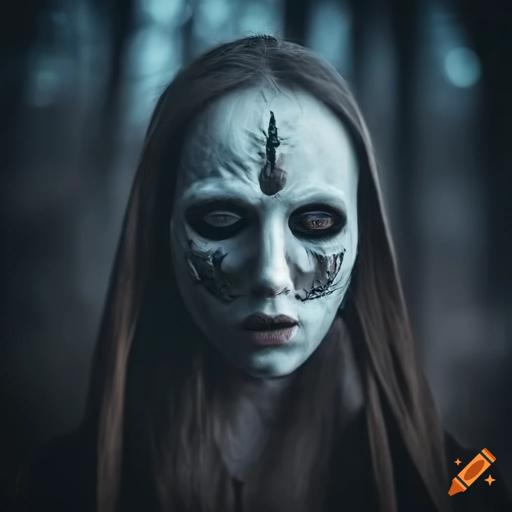 Eerie haunting portrait of person in nordic folklore mask in a ghostly ...