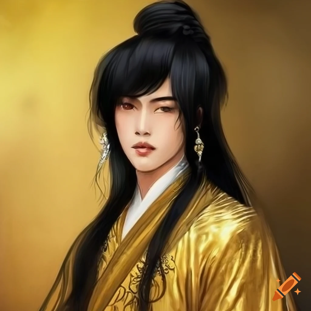Gustav Klimt inspired poster of a young male elven Asian prince in a ...