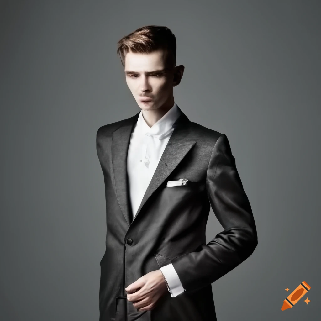 Stylish man in a fancy suit against a black background on Craiyon