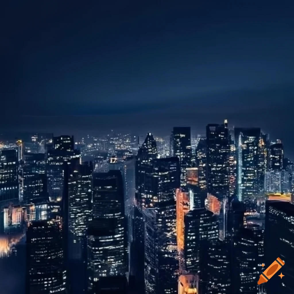 Cityscape horizon at night from an elevated viewpoint on Craiyon