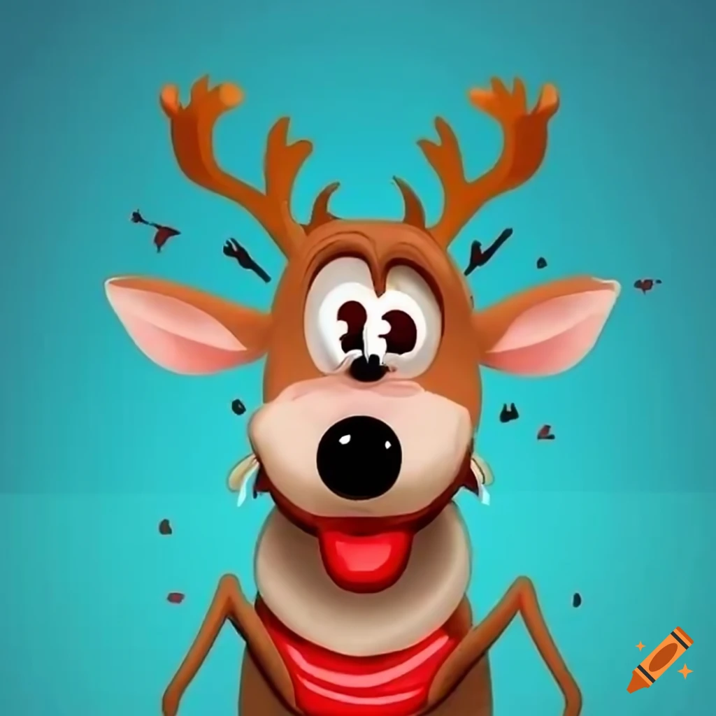 Goofy young reindeer with red frosting on its face on Craiyon