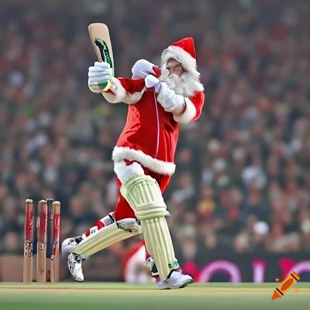Santa Claus in an Australian Cricket uniform hitting a 6 at the MCG on ...