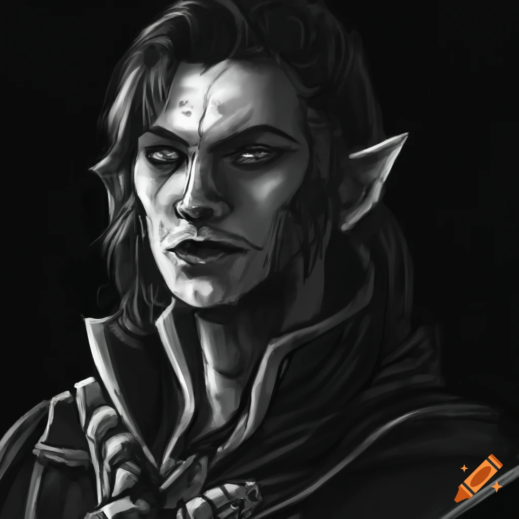 Black and white sketch of a male half-elf dungeons and dragons rogue ...