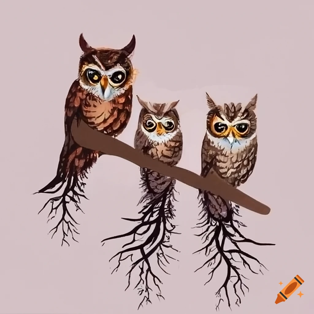 Several owls perched on a tree with roots on Craiyon