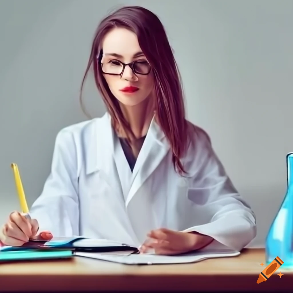 Elegant woman in a white lab coat sitting at a desk with a beaker on ...