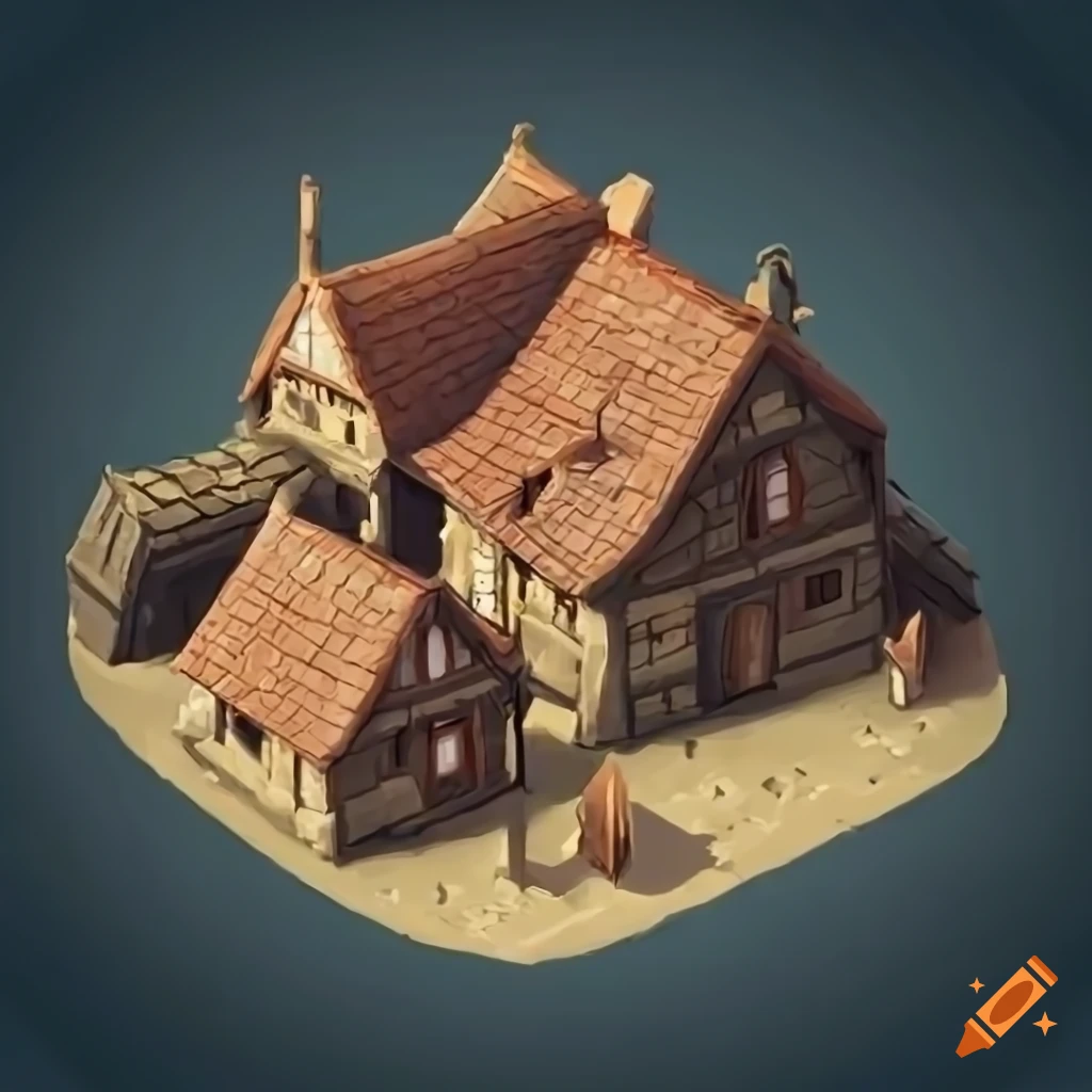 Isometric realistic depiction of a small medieval village on Craiyon