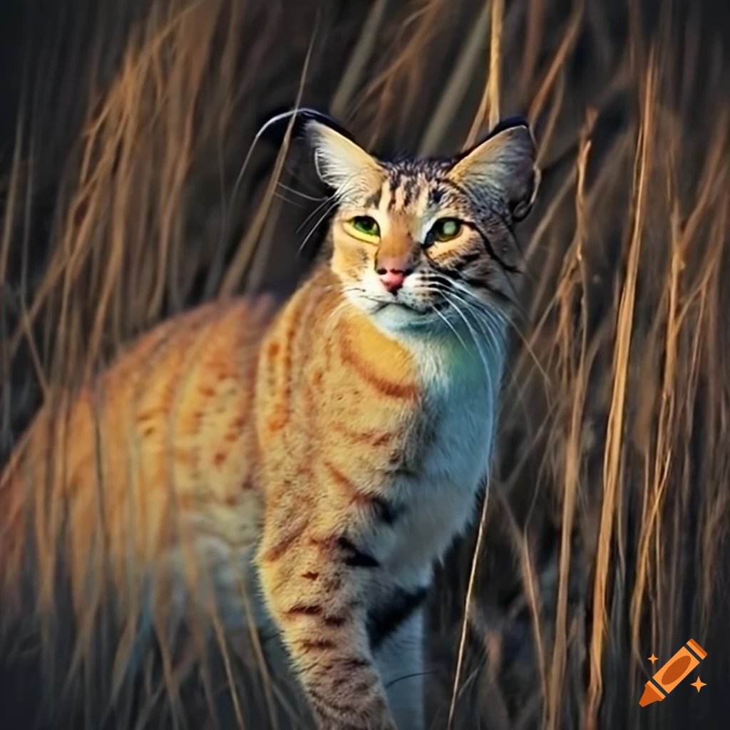 Moody portrait of a powerful desert lynx cat with glowing yellow eyes ...