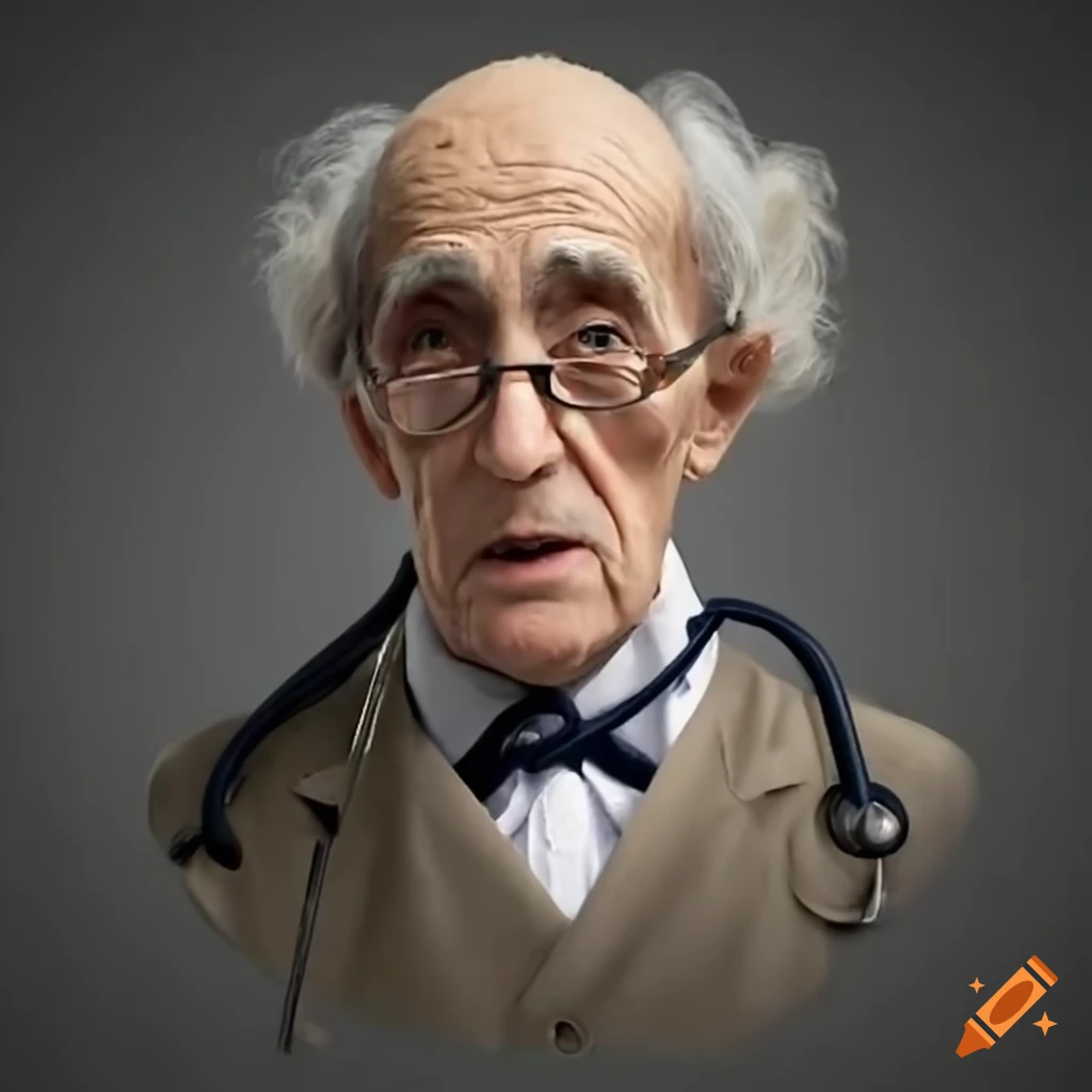 Short old doctor with stethoscope in a goofy chaplin style on Craiyon