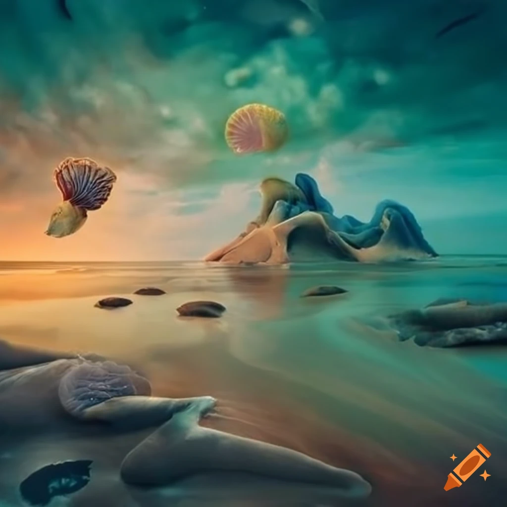 Surreal beach with surreal shells, waves, exotic flowers, fantastic ...