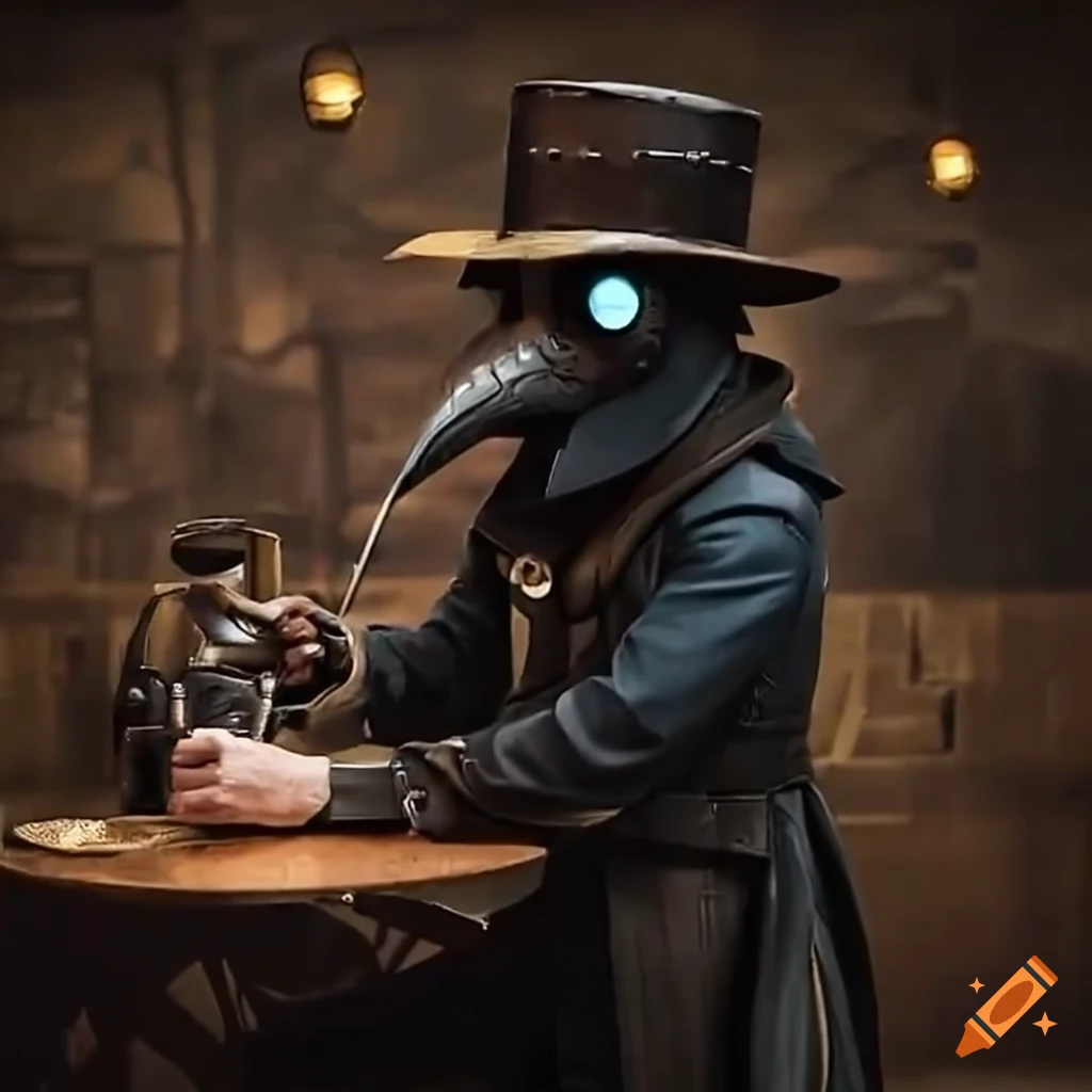 Artistically painted steampunk plague doctor in a rustic town cafe on ...
