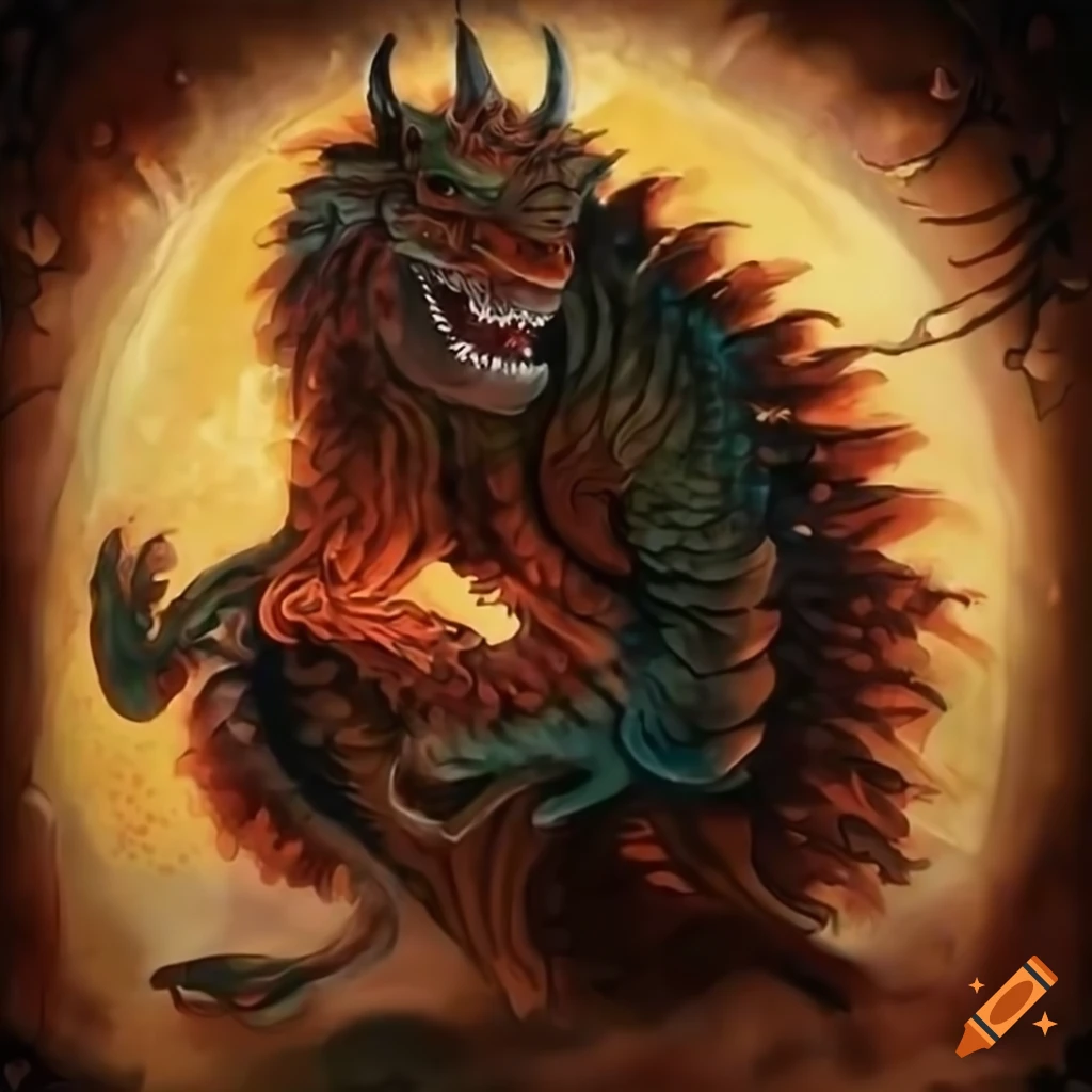 Korean mythological monster in traditional art style painting on Craiyon