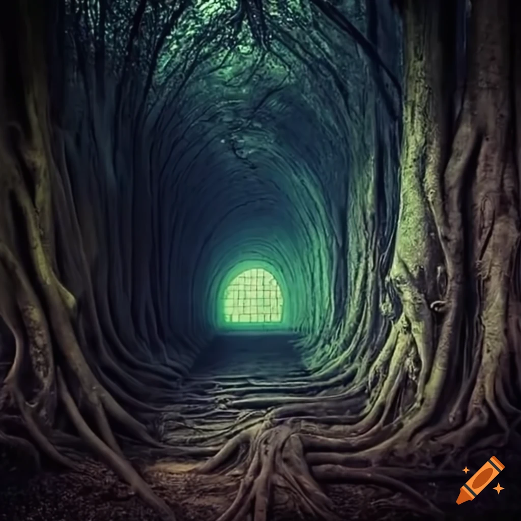 Spooky underground tunnel with tree roots covering the walls on Craiyon