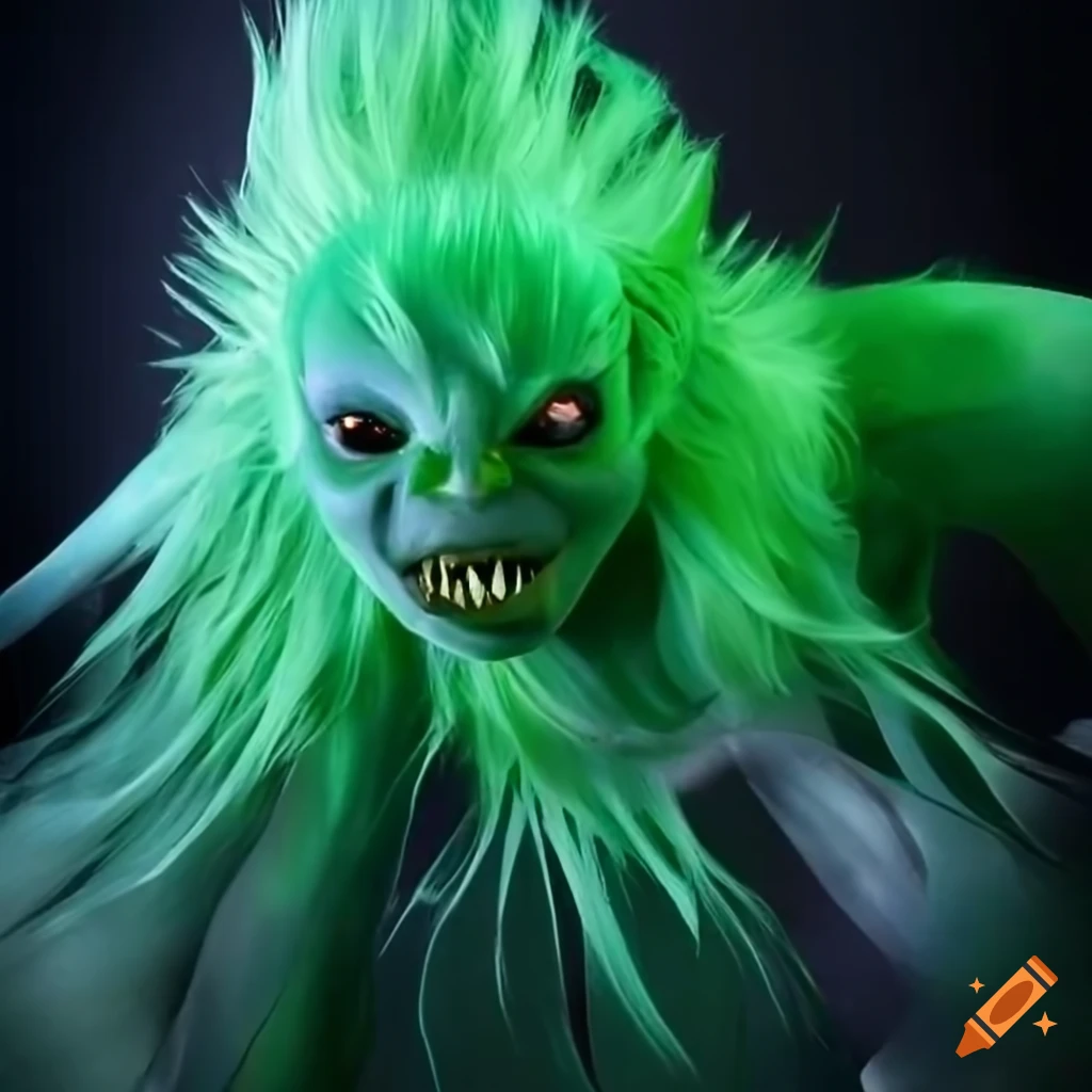 Green hair, gold and white dress, fairy wings, lemon fruit monster, in ...