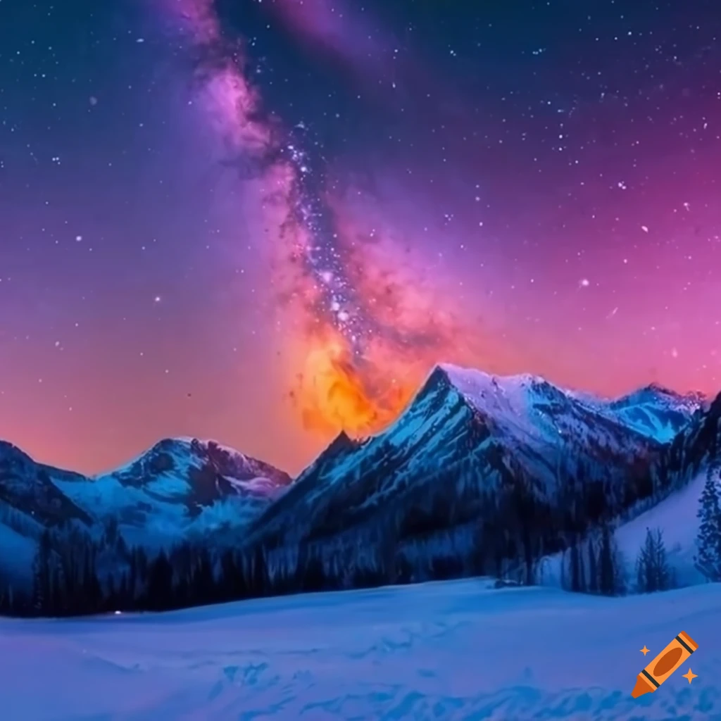 Colorful winter landscape with mountains under evening stars on Craiyon