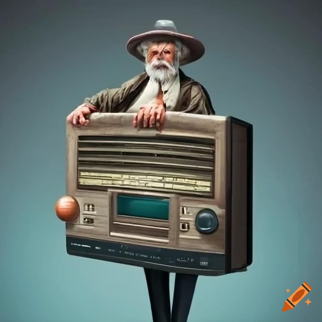 Elderly man carrying a giant radio on Craiyon