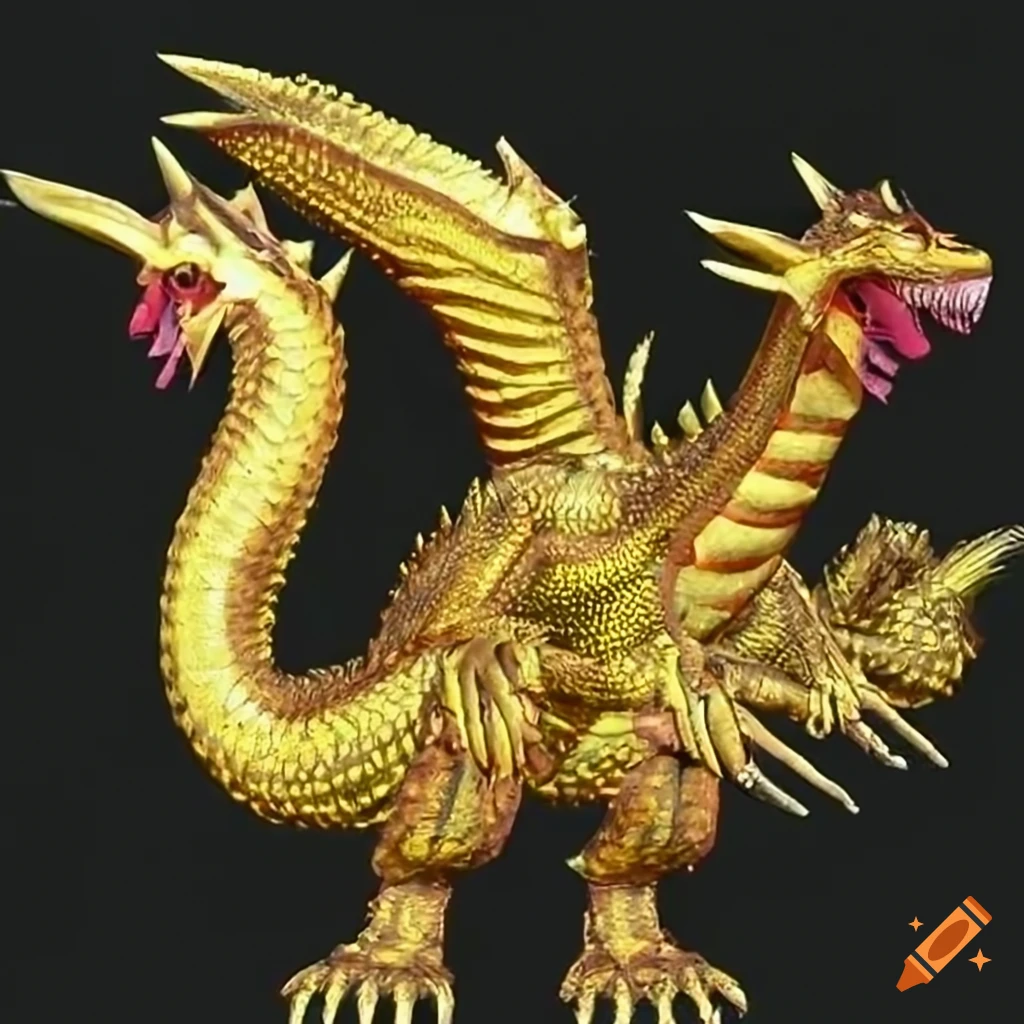 Three-headed golden dragon with glowing eyes and wings, fantasy ...