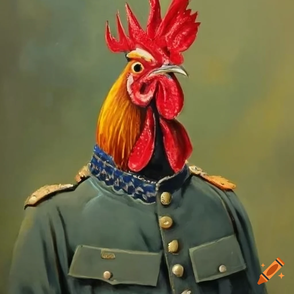 Painted portrait of a rooster in a WW1 military uniform on Craiyon