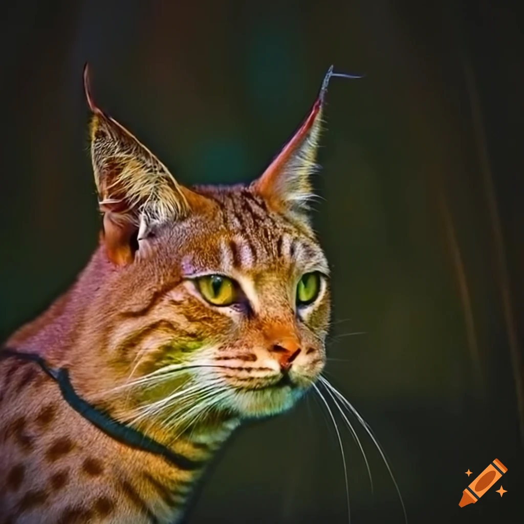 Moody portrait of a powerful desert lynx cat with glowing yellow eyes ...