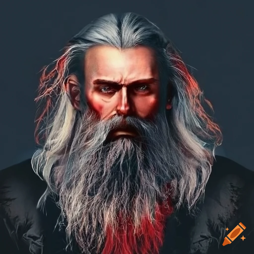 Man in his forties with grey beard and long hair wearing black and red ...