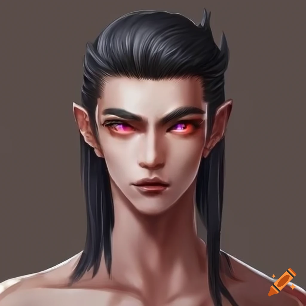 Male yuan-ti pureblood with black hair and orange slit eyes on Craiyon