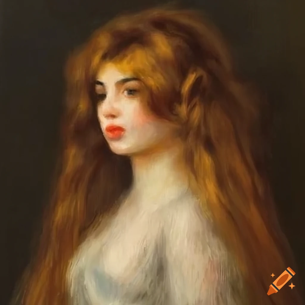 Woman with long fluffy hair in the style of renoir on Craiyon