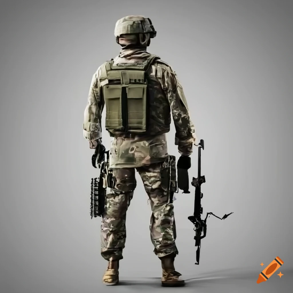 Armed soldier standing with back view on Craiyon