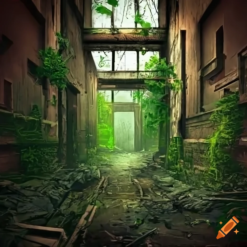 Post-apocalyptic hallway with overgrown vegetation on Craiyon