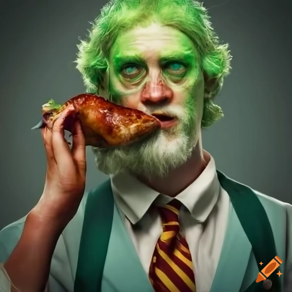 Elegant man with unique hairstyle holding a delicious turkey leg on Craiyon