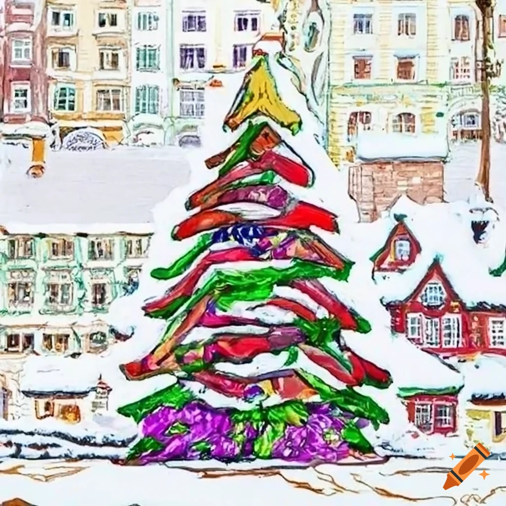 Pop-art-style christmas tree in a snowed up bavarian town on Craiyon