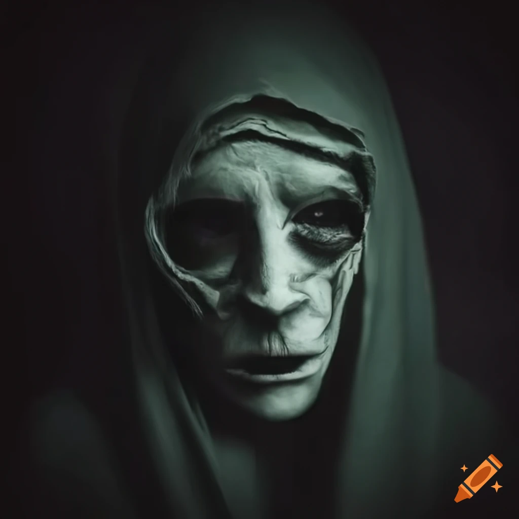 Eerie haunting portrait of person in nordic folklore mask in a ghostly ...