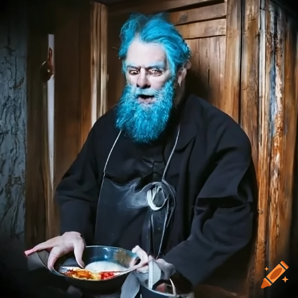 Tall blue haired bearded male goth cooking christmas dinner in a ...