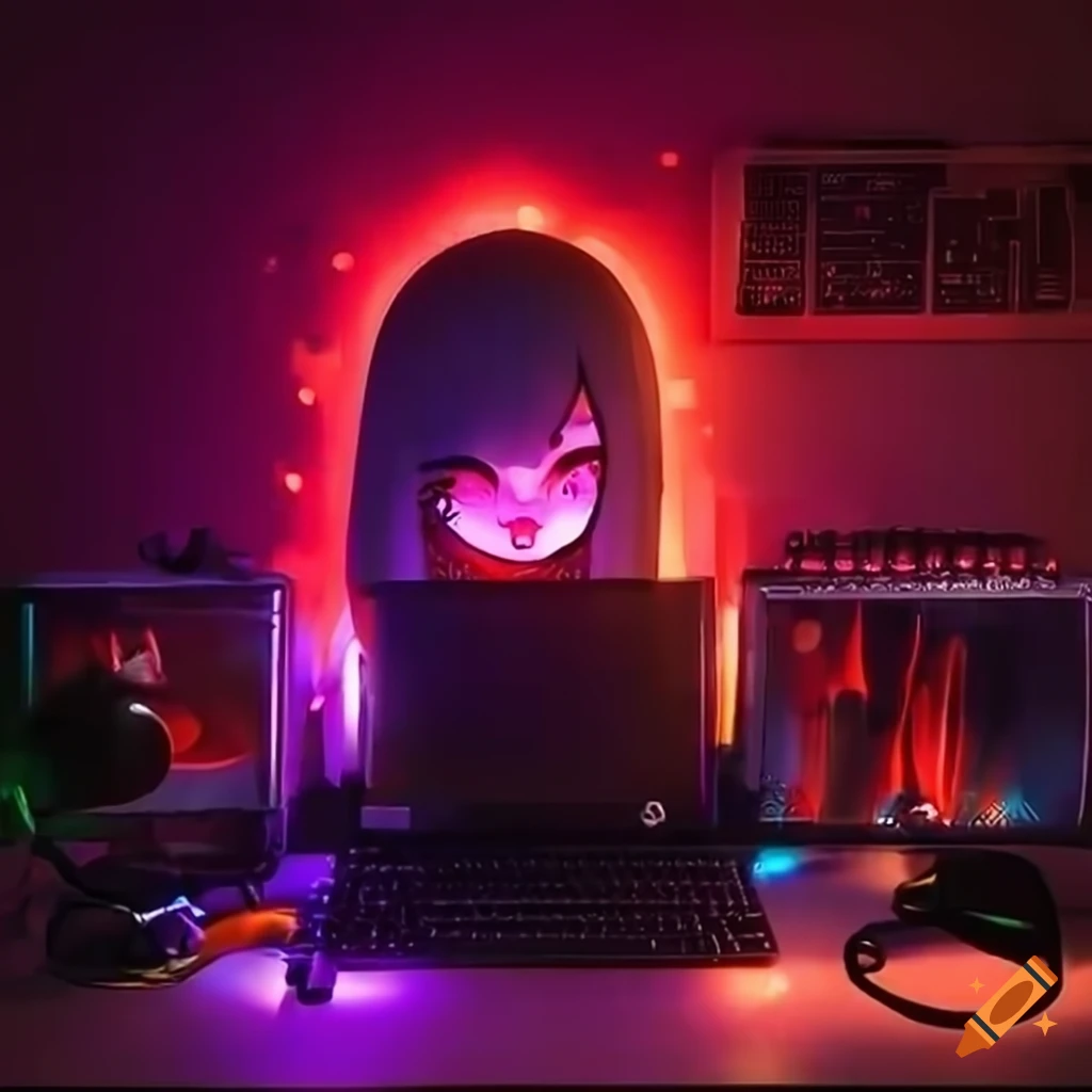Cute anime-style hell-themed streamer setup with LED lights on Craiyon