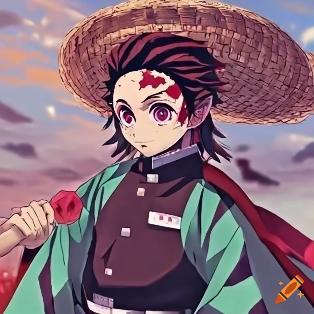 Tanjiro from Demon Slayer with a straw hat playing maracas on Craiyon