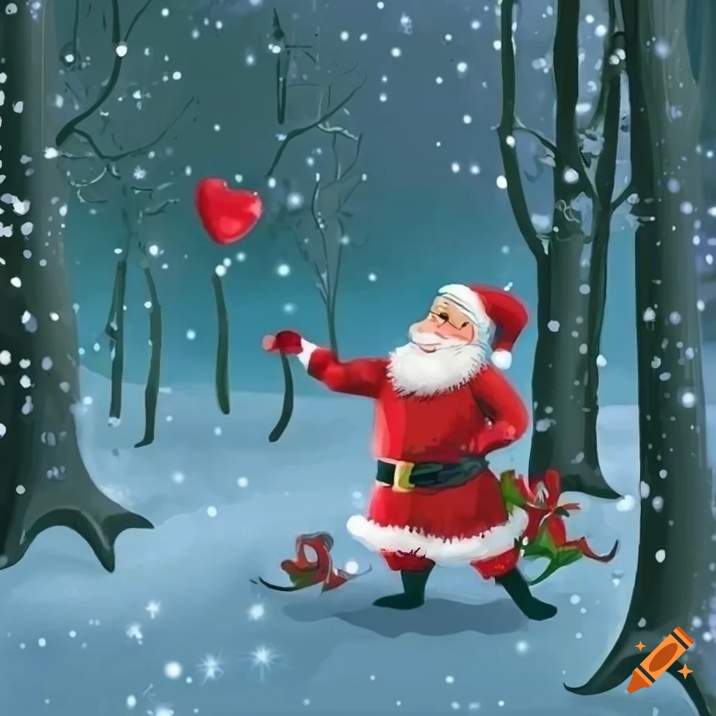 Santa Claus picking a red rose in a twinkling forest on Craiyon