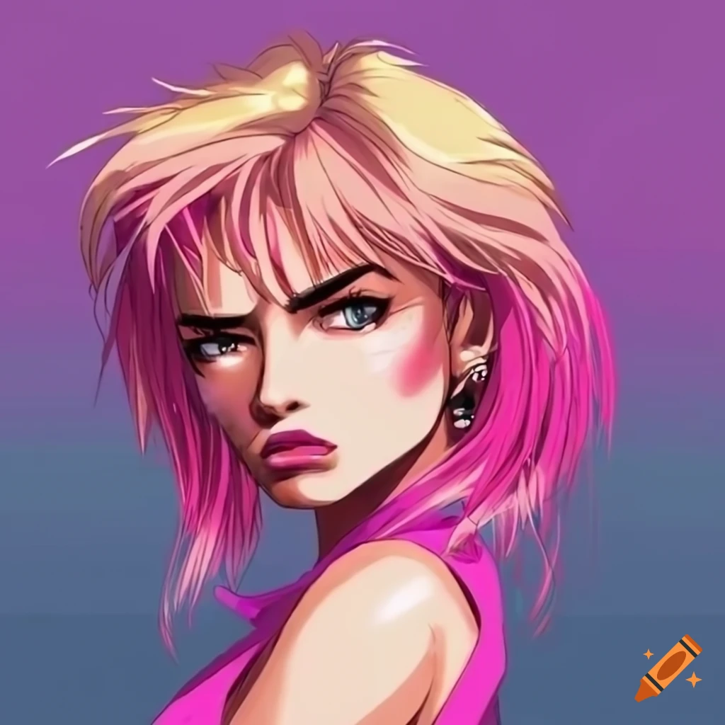 80s style anime girl with pink-blonde two-toned hair looking back and ...