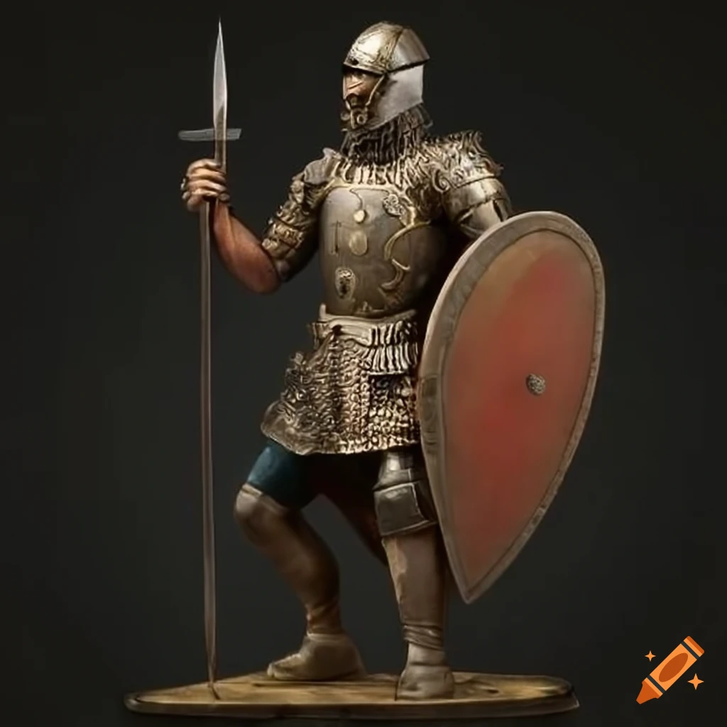 Soldier with spear and shield wearing bronze armor with dragon painting ...