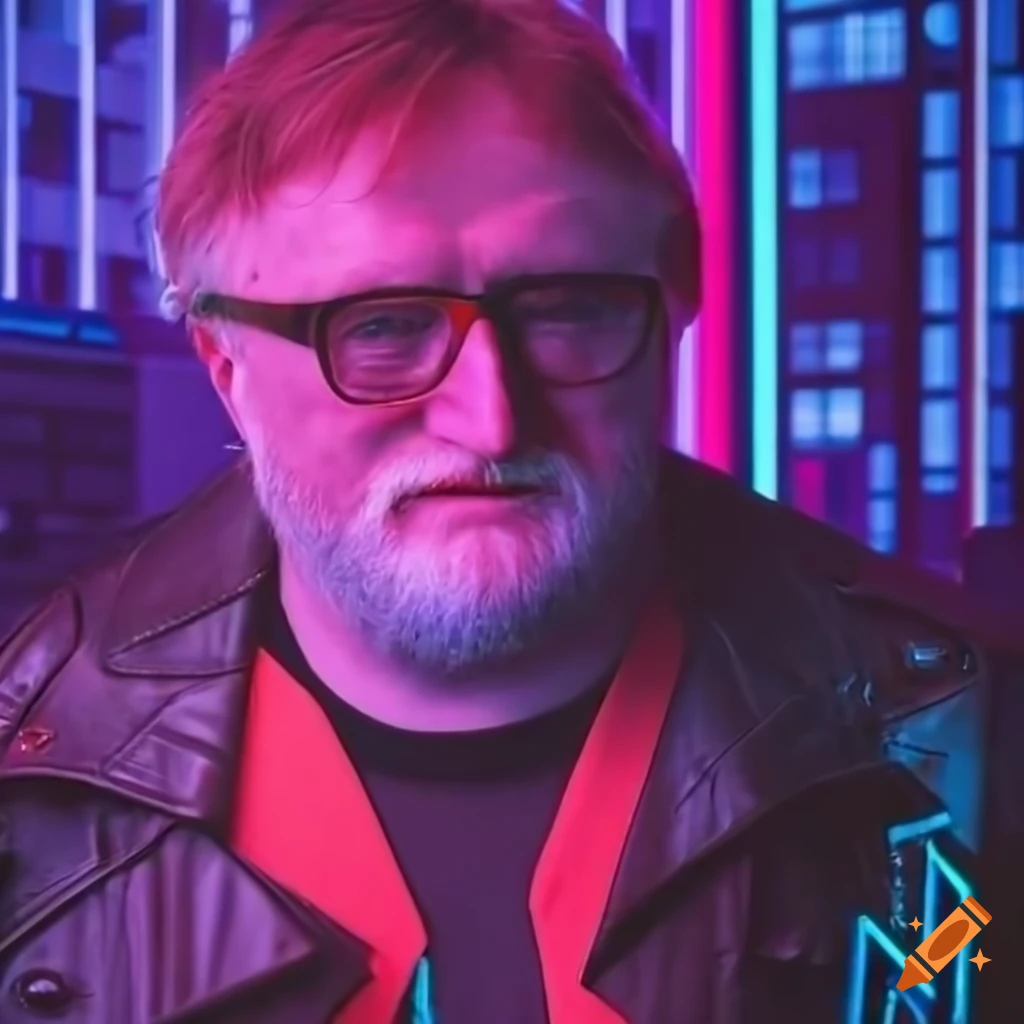 Gabe newell in cyber-futuristic attire with cityscape in neon lights on ...