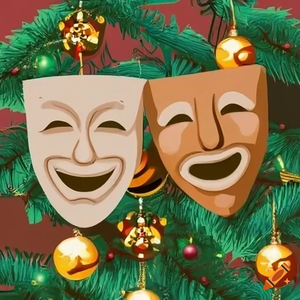 Happy drama masks hanging in a christmas tree on Craiyon