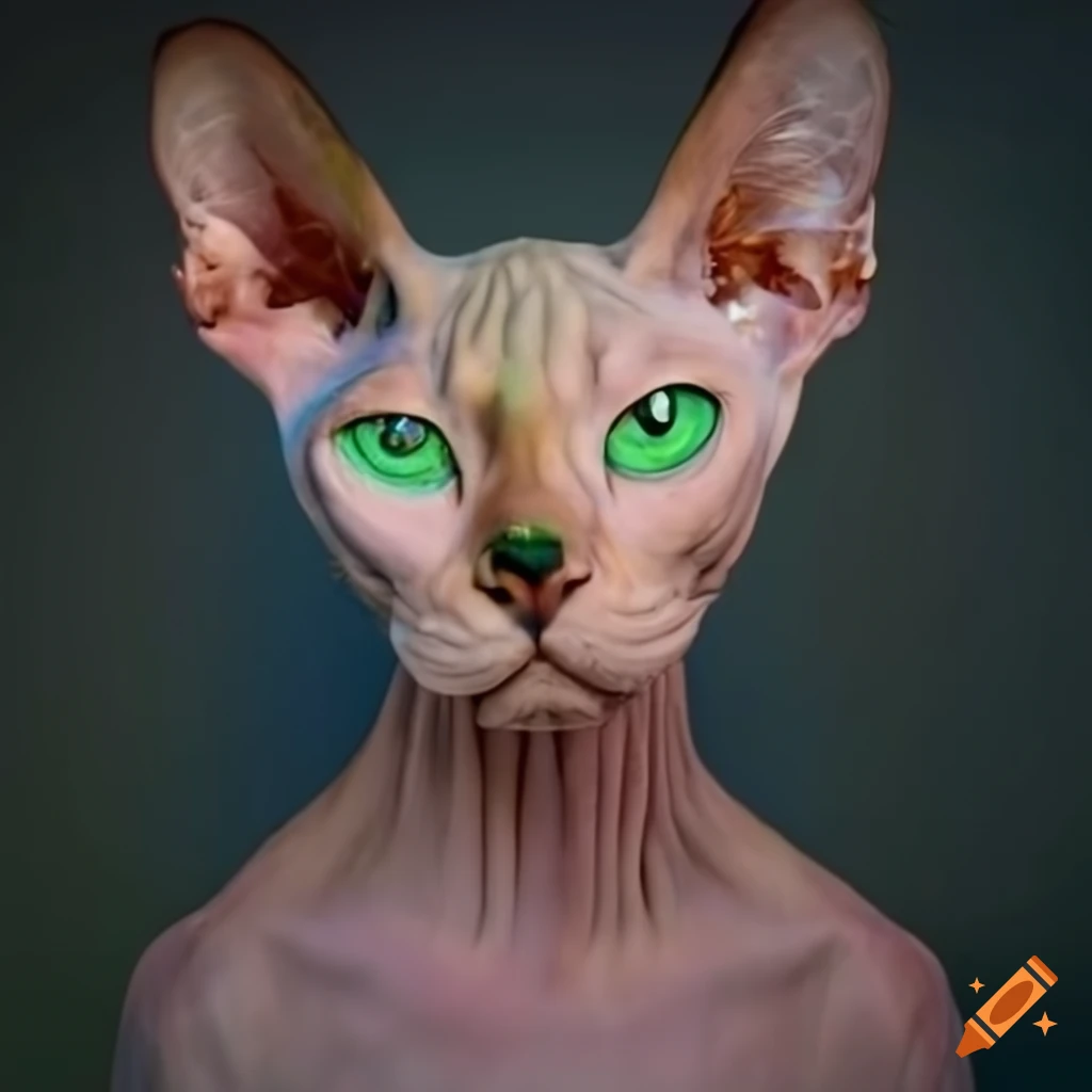 Intricately detailed portrait of a human-faced Sphynx cat with green ...