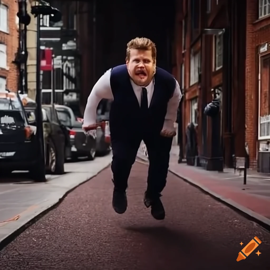 Comedic scene of james corden encountering a london bus on Craiyon