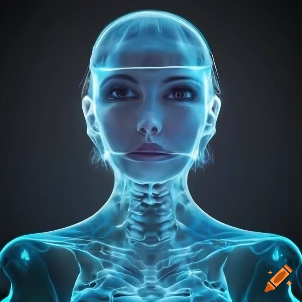 Glowing semi-transparent portrait of a woman with visible bone ...