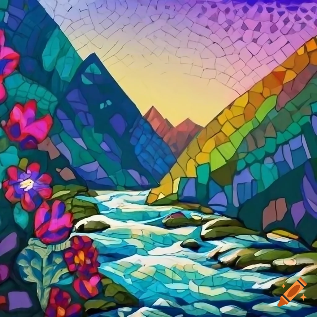 Colorful mosaic style mountain landscape with flowers and river on Craiyon