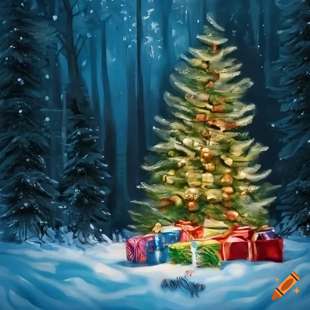 Realistic painting of a Christmas tree in a snowy forest clearing with ...