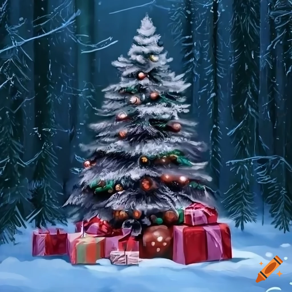 Photo-realistic painting of fir tree with christmas decorations in ...